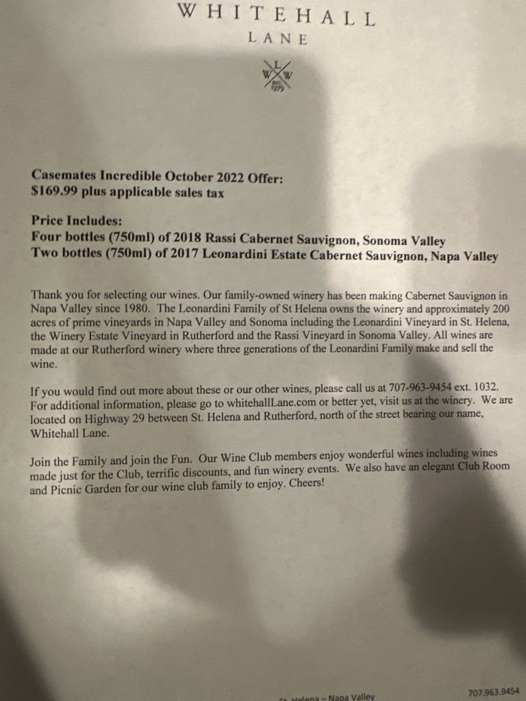 2017 Whitehall Lane Cabernet Sauvignon Leonardini Estate, USA ...