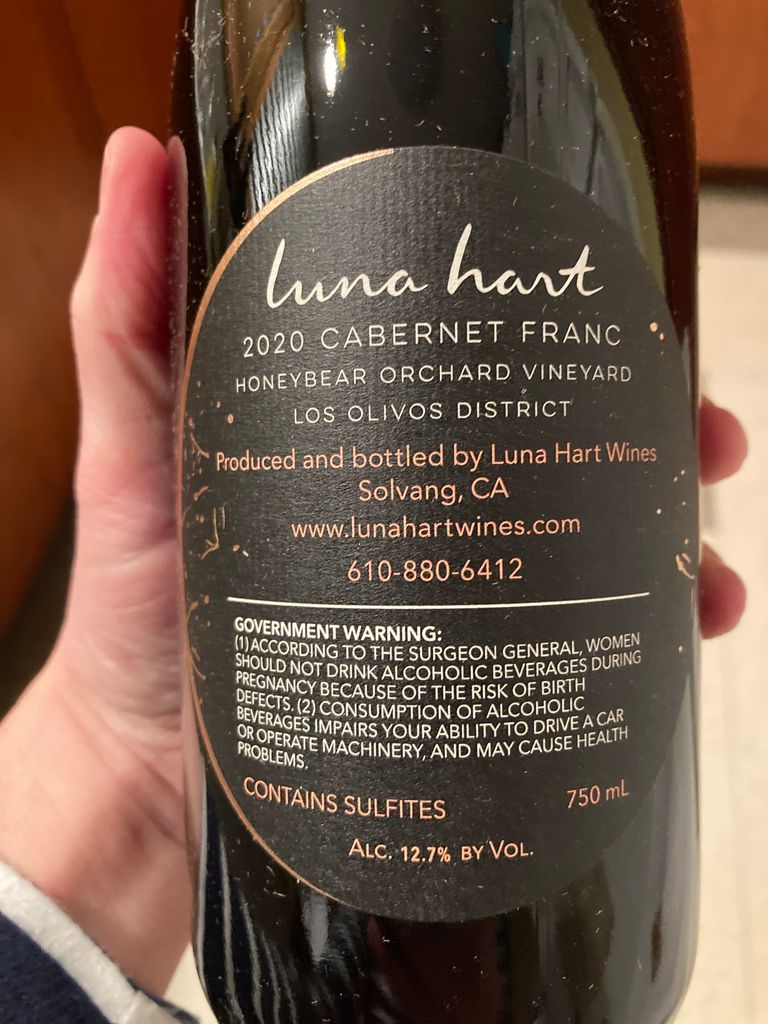 2021 Luna Hart Wines Cabernet Franc, USA, California, Central Coast ...