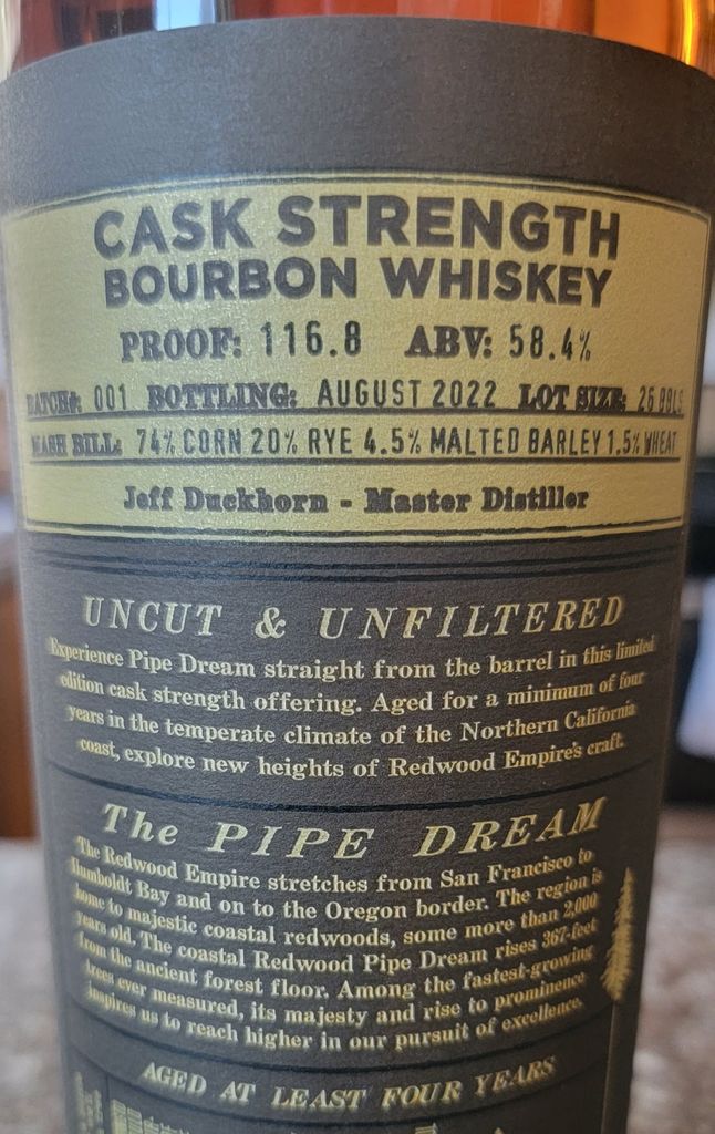 NV Redwood Empire Pipe Dream Cask Strength Bourbon Whiskey, 58.4%, USA ...