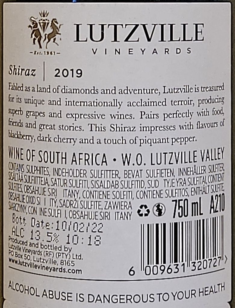 2019 Lutzville Vineyards Shiraz, South Africa, Olifants River ...