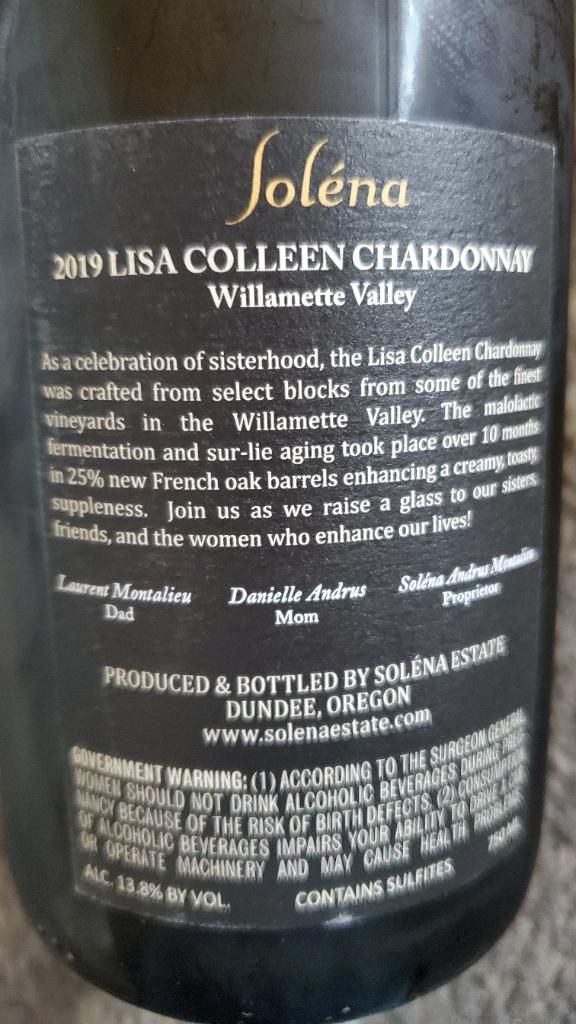 2019 Soléna Chardonnay Lisa Colleen, USA, Oregon, Willamette Valley ...