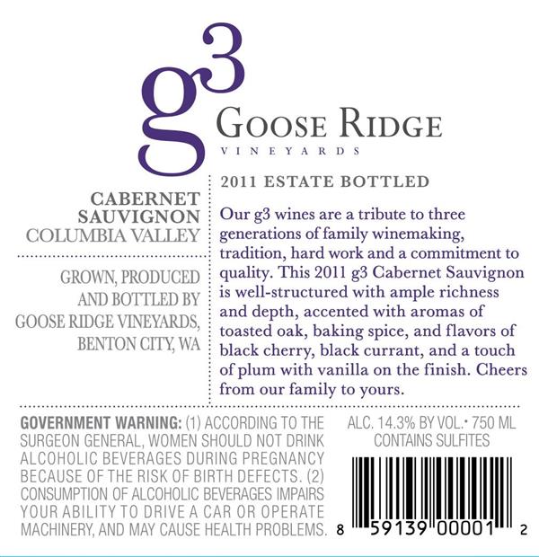 2011 Goose Ridge Vineyards Cabernet Sauvignon G3, USA, Washington ...