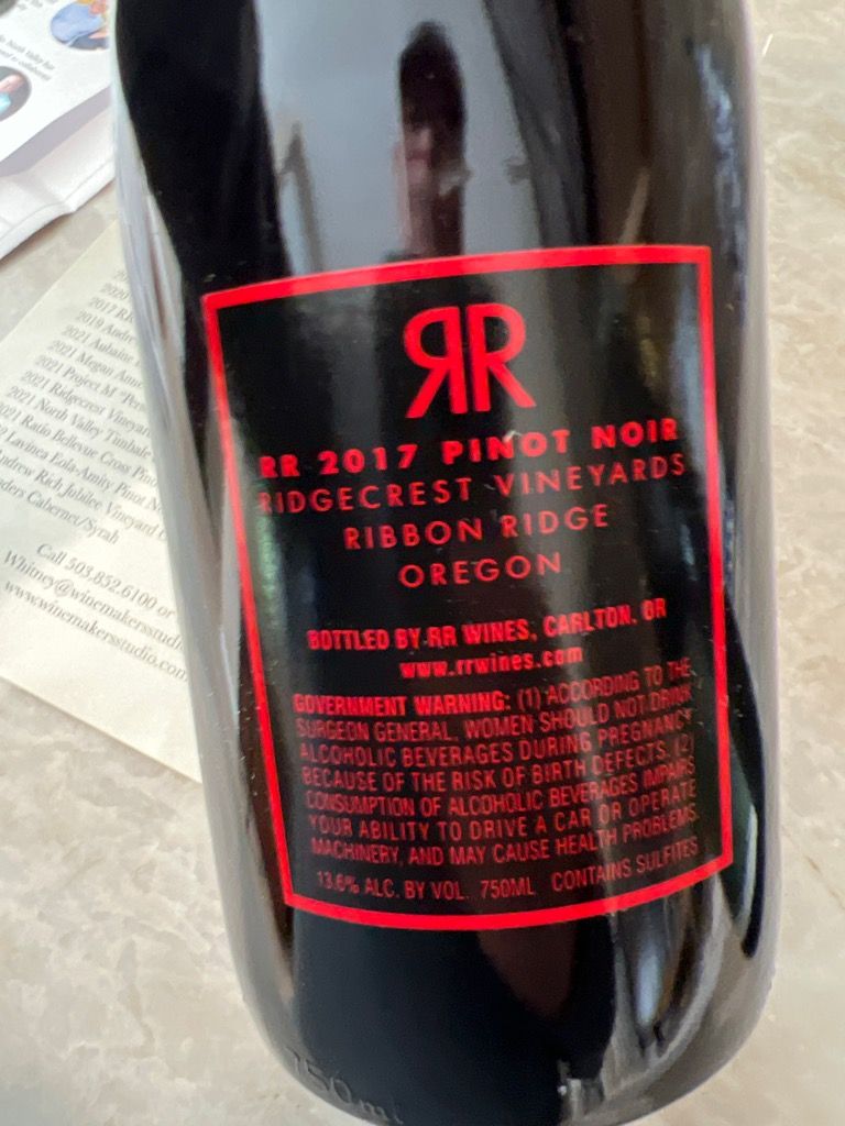 2017 Ribbon Ridge Winery Pinot Noir Estate Reserve Ridgecrest Vineyards ...