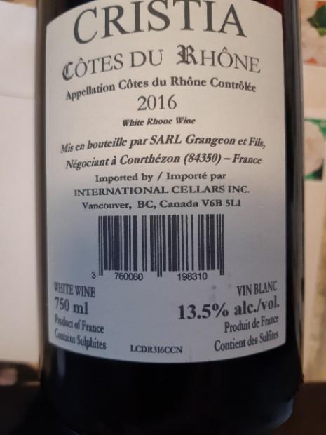 2016 Domaine de Cristia Côtes du Rhône Blanc Cristia Collection, France ...