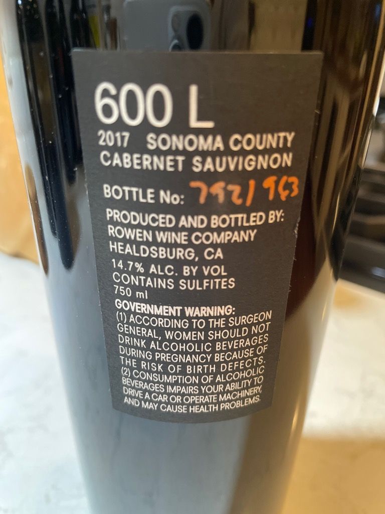 2018 Rowen Wine Cabernet Sauvignon 600L, USA, California, Sonoma County ...