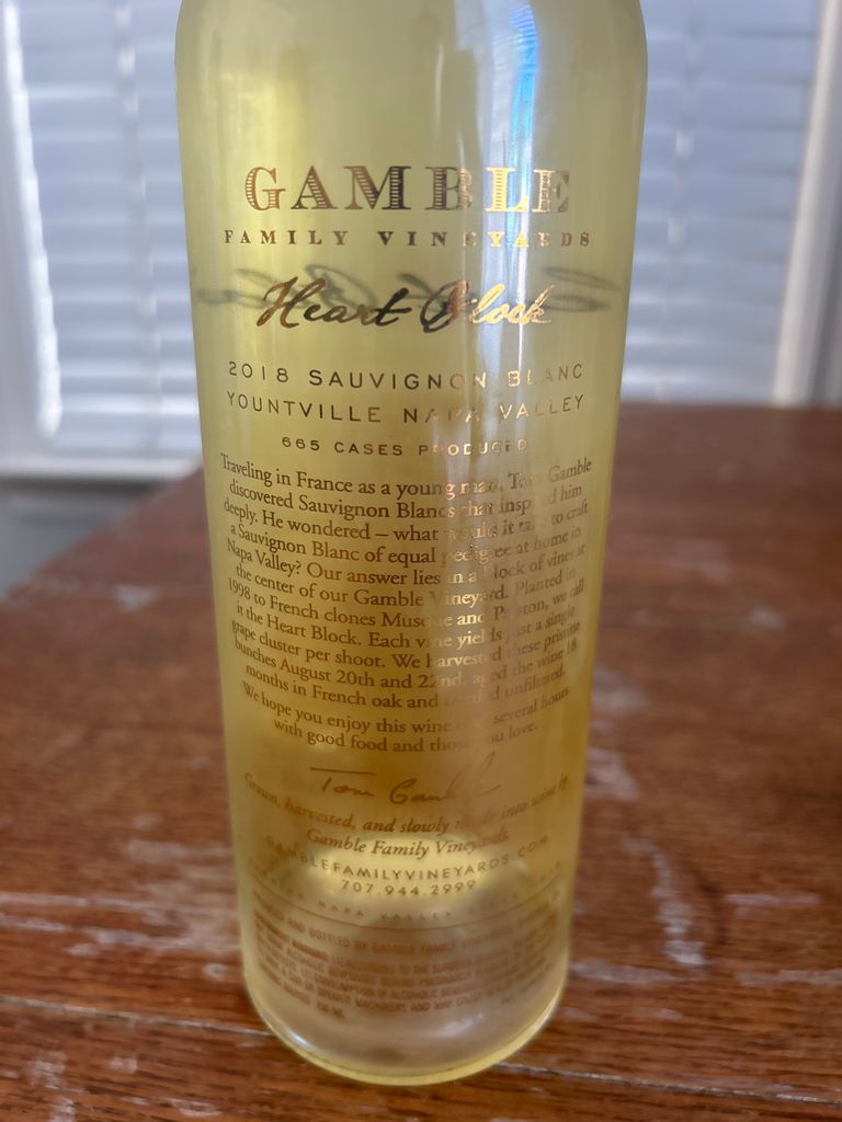 2018 Gamble Family Vineyards Sauvignon Blanc Heart Block, USA ...