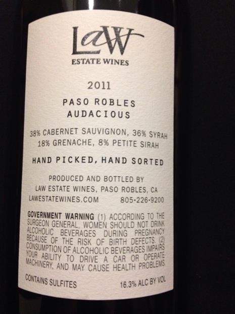 2011 Law Estate Wines Audacious, USA, California, Central Coast, Paso ...