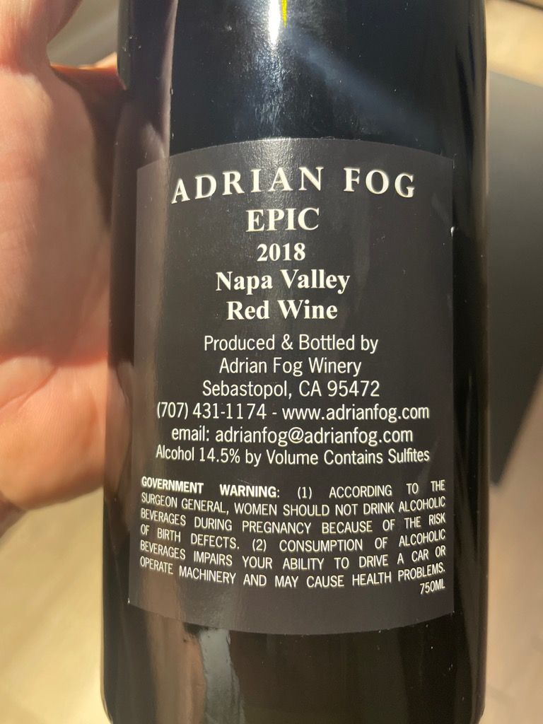 2020 Adrian Fog Epic, USA, California, Napa Valley - CellarTracker