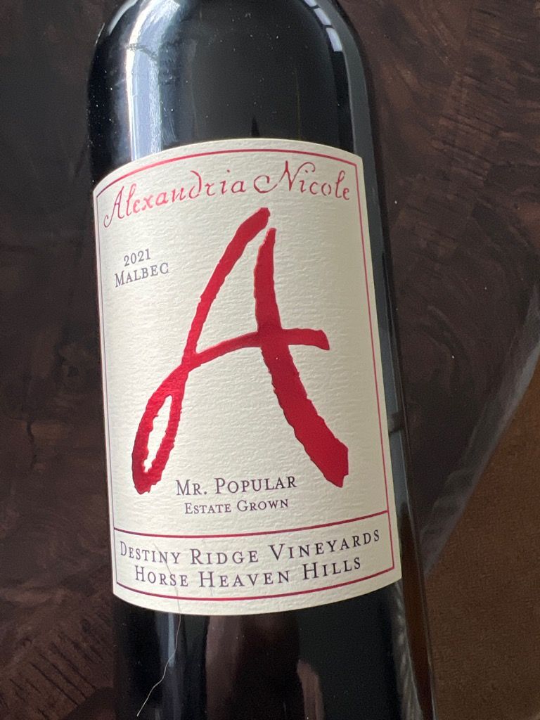 2021 Alexandria Nicole Malbec Mr. Popular Destiny Ridge Vineyards, USA ...