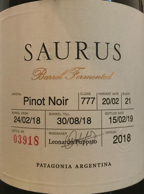 2018 Bodega Familia Schroeder Pinot Noir Saurus Barrel Fermented ...