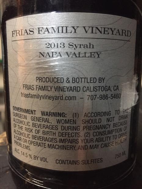 2013 Frias Family Vineyard Syrah, USA, California, Napa Valley ...