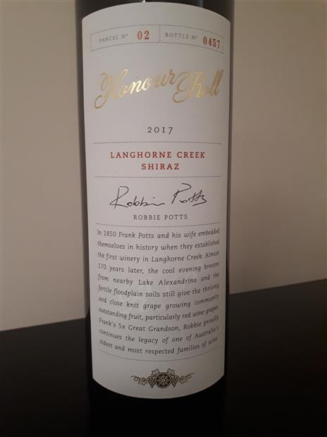 2017 Robbie Potts Shiraz Honour Roll, Australia, South Australia ...