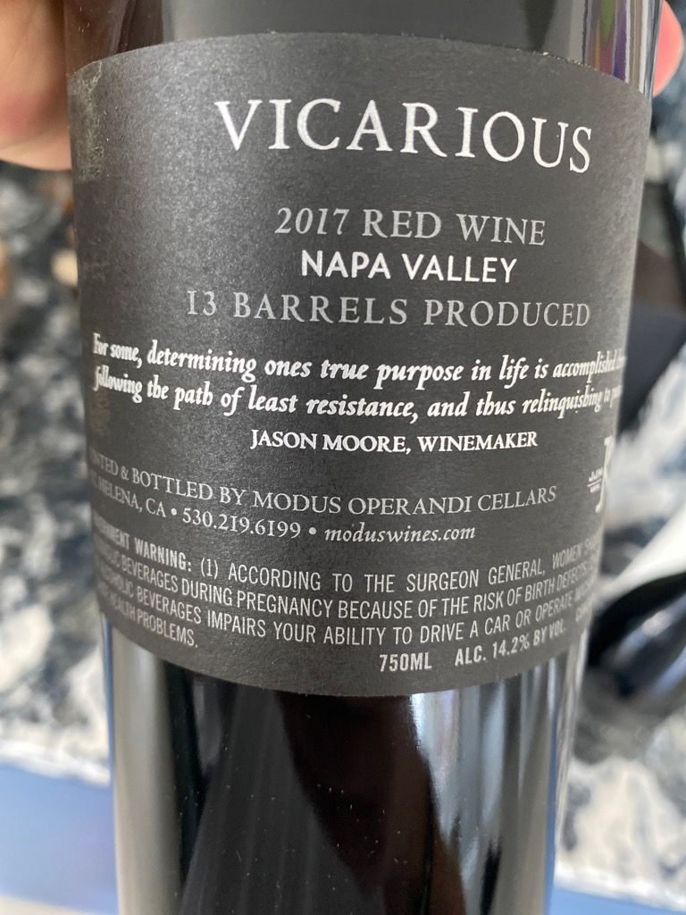2017 Modus Operandi Cellars Pinot Noir Vicarious, USA, California ...