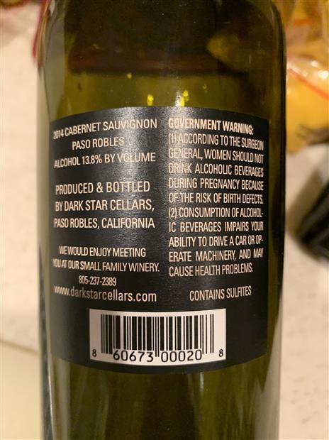 2014 Dark Star Cellars Cabernet Sauvignon, USA, California, Central ...