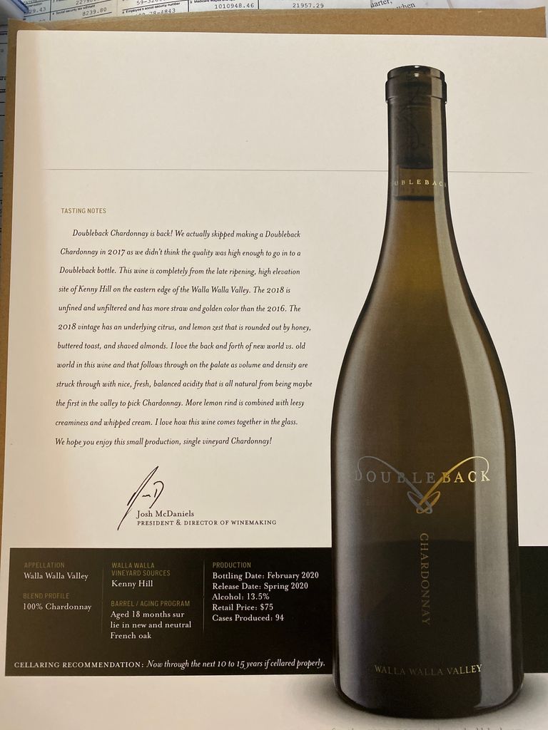 2018 Doubleback Chardonnay, USA, Washington, Columbia Valley, Walla ...