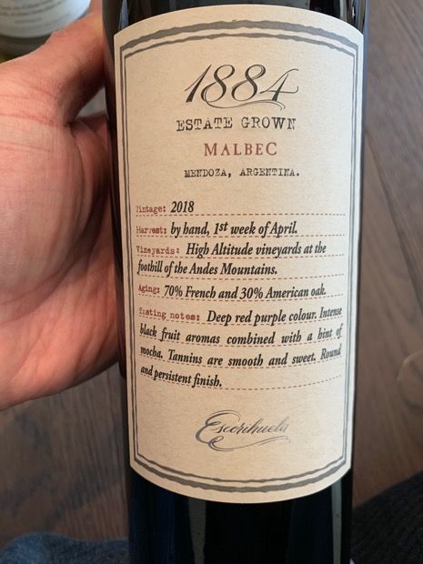 2018 Bodegas Escorihuela Gascón Malbec 1884 Estate Grown, Argentina ...