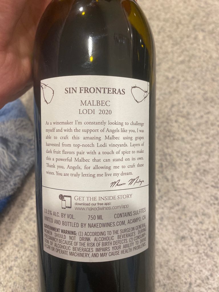 2020 Sin Fronteras Malbec, USA, California, Central Valley, Lodi ...