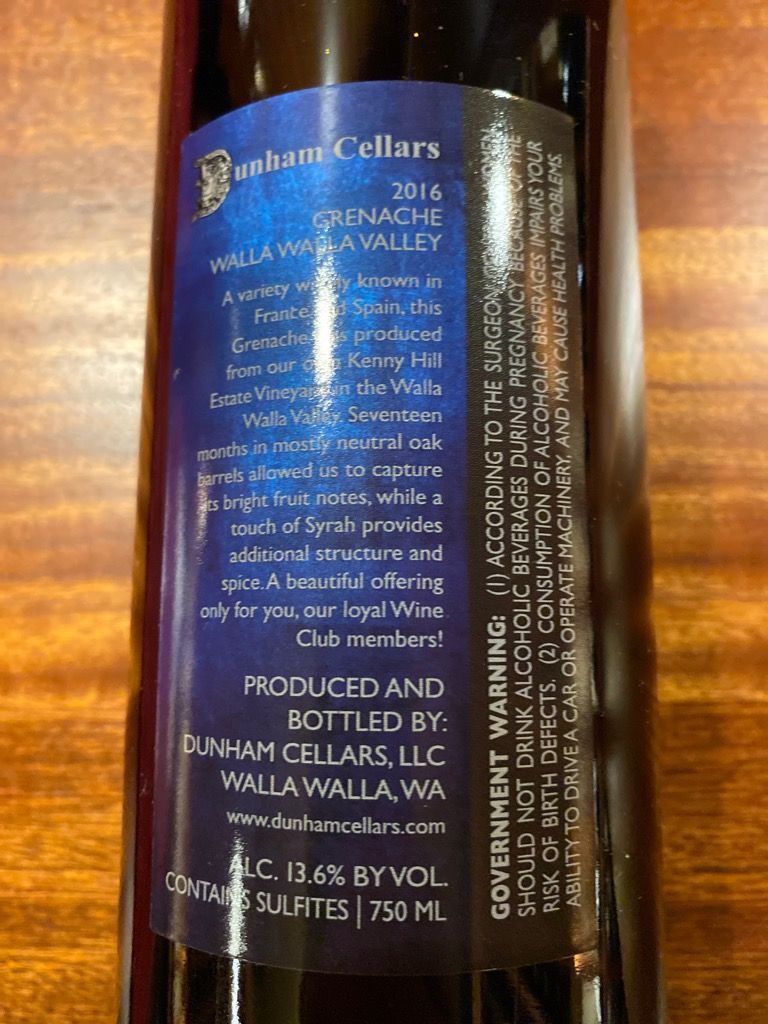 2016 Dunham Cellars Grenache Wine Club, USA, Washington, Columbia ...