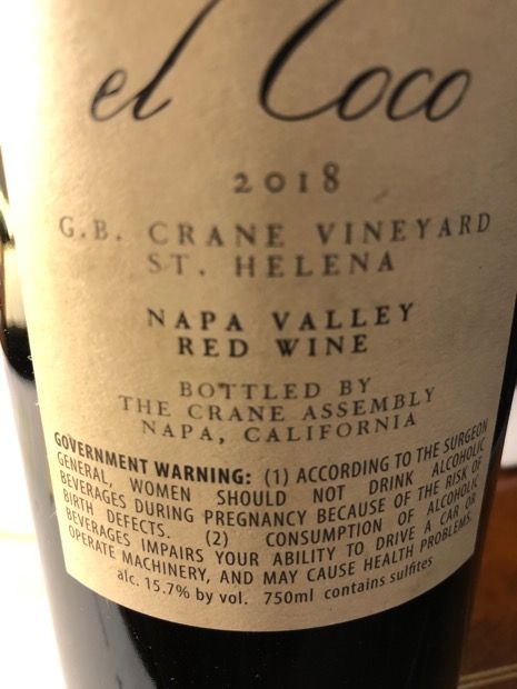 2018 G.B. Crane El Coco, USA, California, Napa Valley - CellarTracker