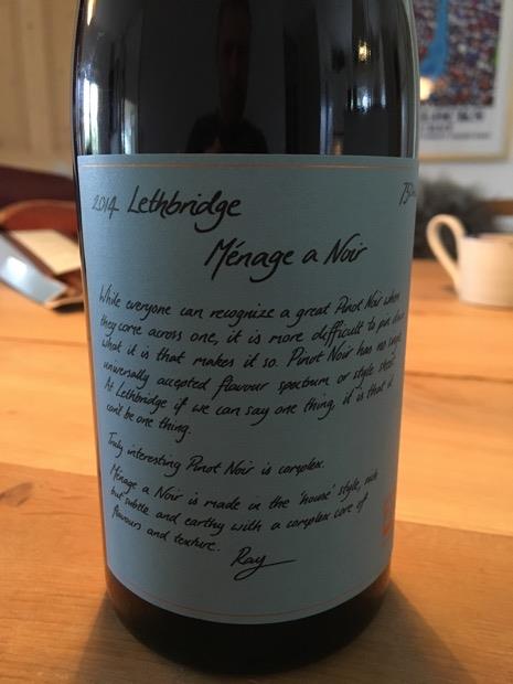 2014 Lethbridge Wines Pinot Noir Menage a Noir, Australia, Victoria ...