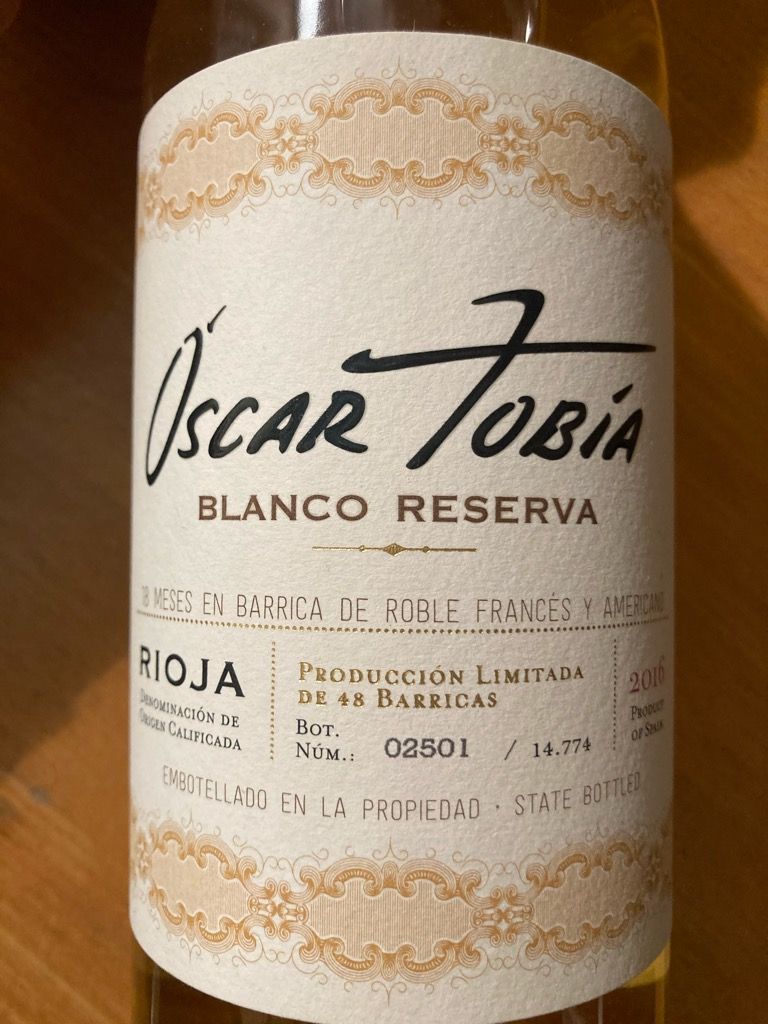 2016 Bodegas Tobia Rioja Óscar Tobía Blanco Reserva, Spain, La Rioja ...