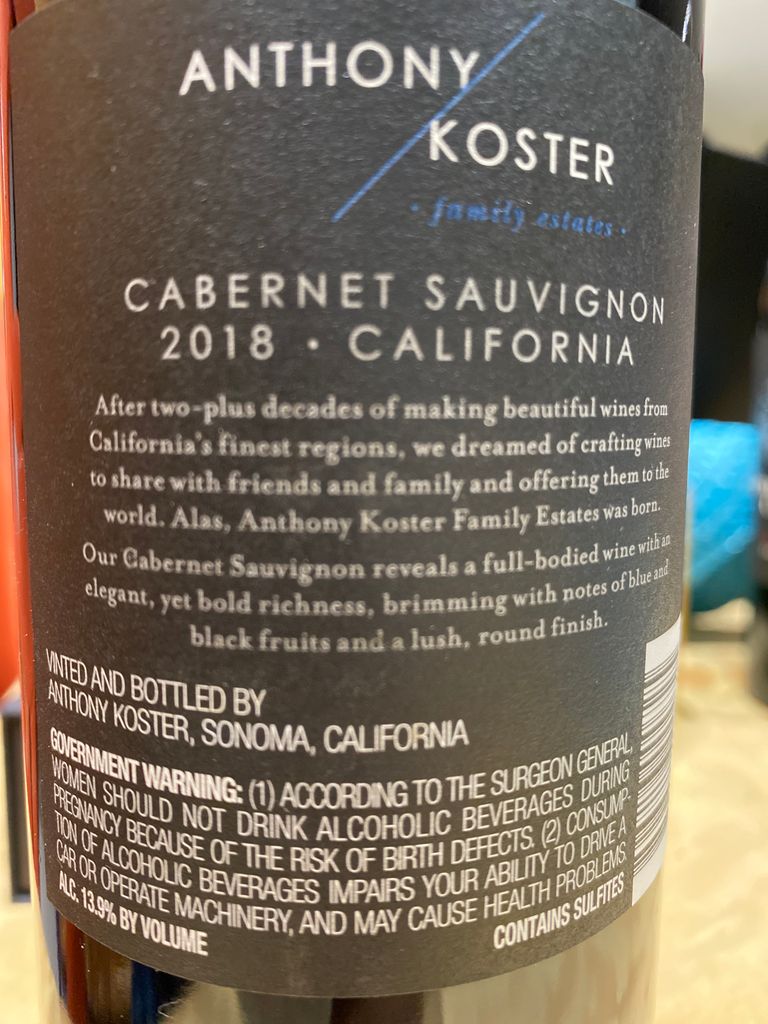 2017 Anthony Koster Cabernet Sauvignon Barrel Select - CellarTracker