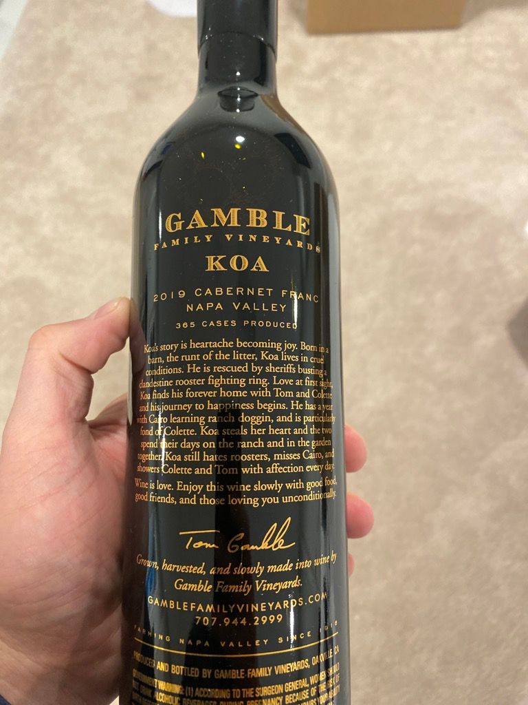 2019 Gamble Family Vineyards Cabernet Franc KOA, USA, California, Napa ...