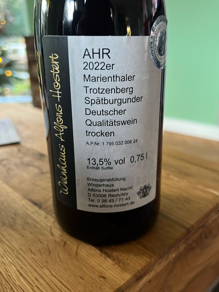 2022 Alfons Hostert Marienthaler Trotzenberg Spätburgunder Alte Reben ...