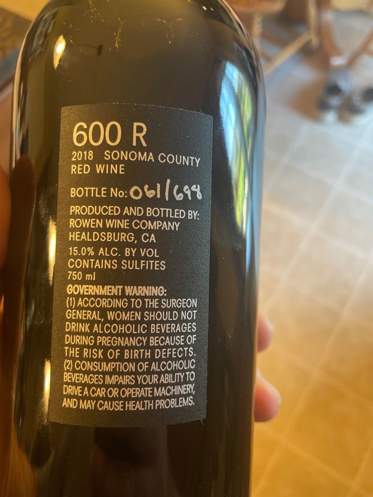 2018 Rowen Wine 600R, USA, California, Sonoma County - CellarTracker
