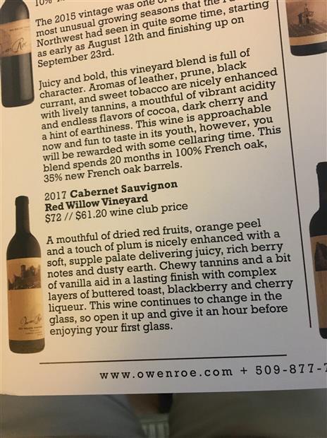 2017 Owen Roe Cabernet Sauvignon Red Willow Vineyard, USA, Washington ...