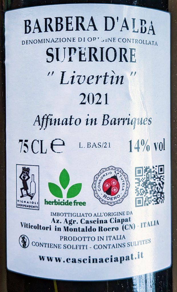 2021 Bertello Cascina Ciapat Barbera d'Alba Superiore Livertin, Italy ...
