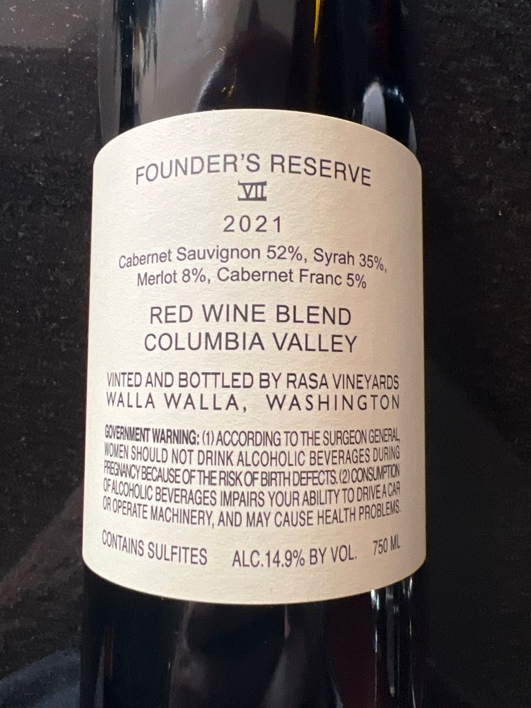 2021 Rasa Vineyards Founder's Reserve, USA, Washington, Columbia Valley ...