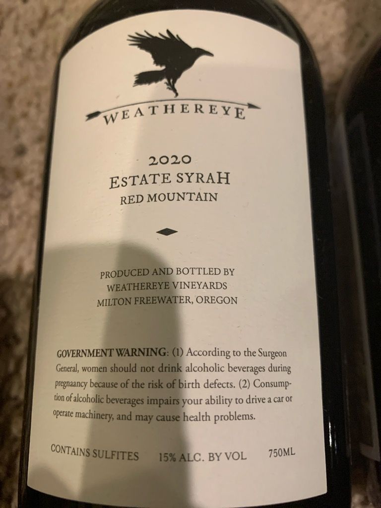 2020 WeatherEye Vineyards Syrah Estate, USA, Washington, Columbia ...
