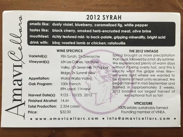 2012 Amavi Cellars Syrah, USA, Washington, Columbia Valley, Walla Walla ...
