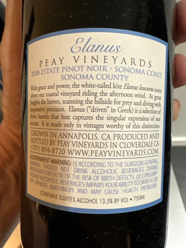 2018 Peay Vineyards Pinot Noir Elanus Estate, USA, California, Sonoma ...