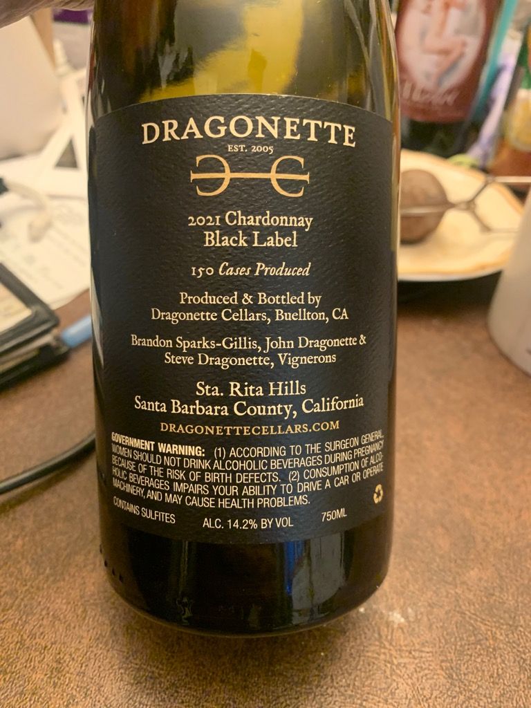2022 Dragonette Cellars Chardonnay Black Label, USA, California ...
