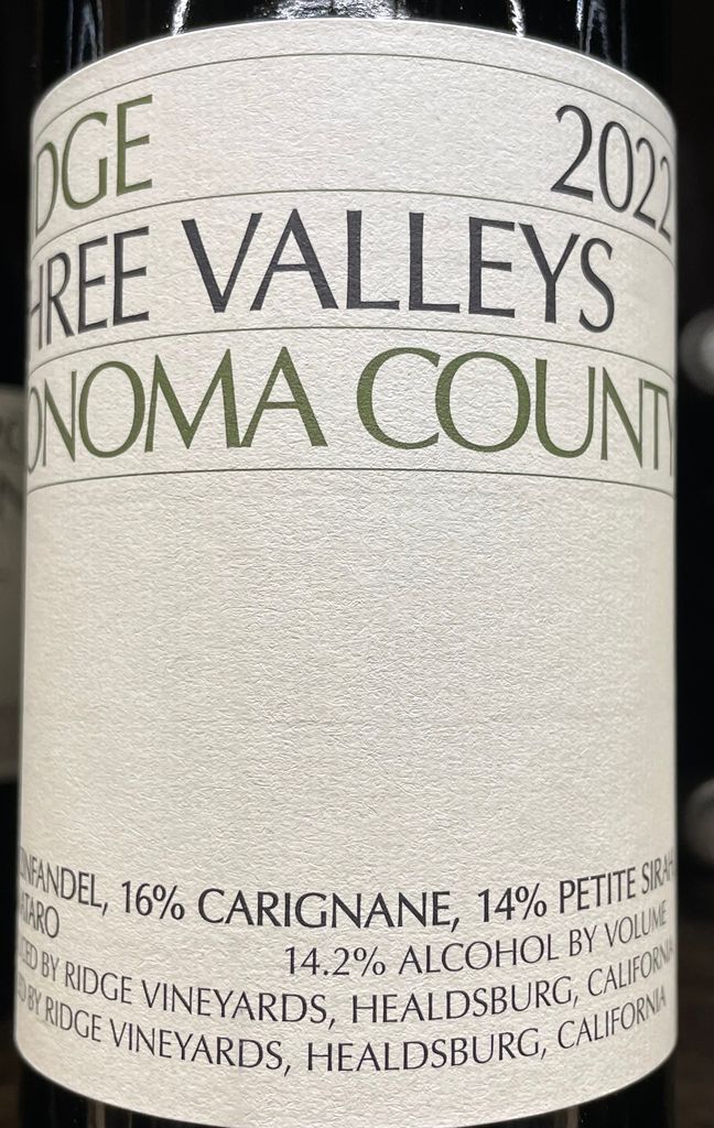 2022 Ridge Three Valleys, USA, California, Sonoma County - CellarTracker