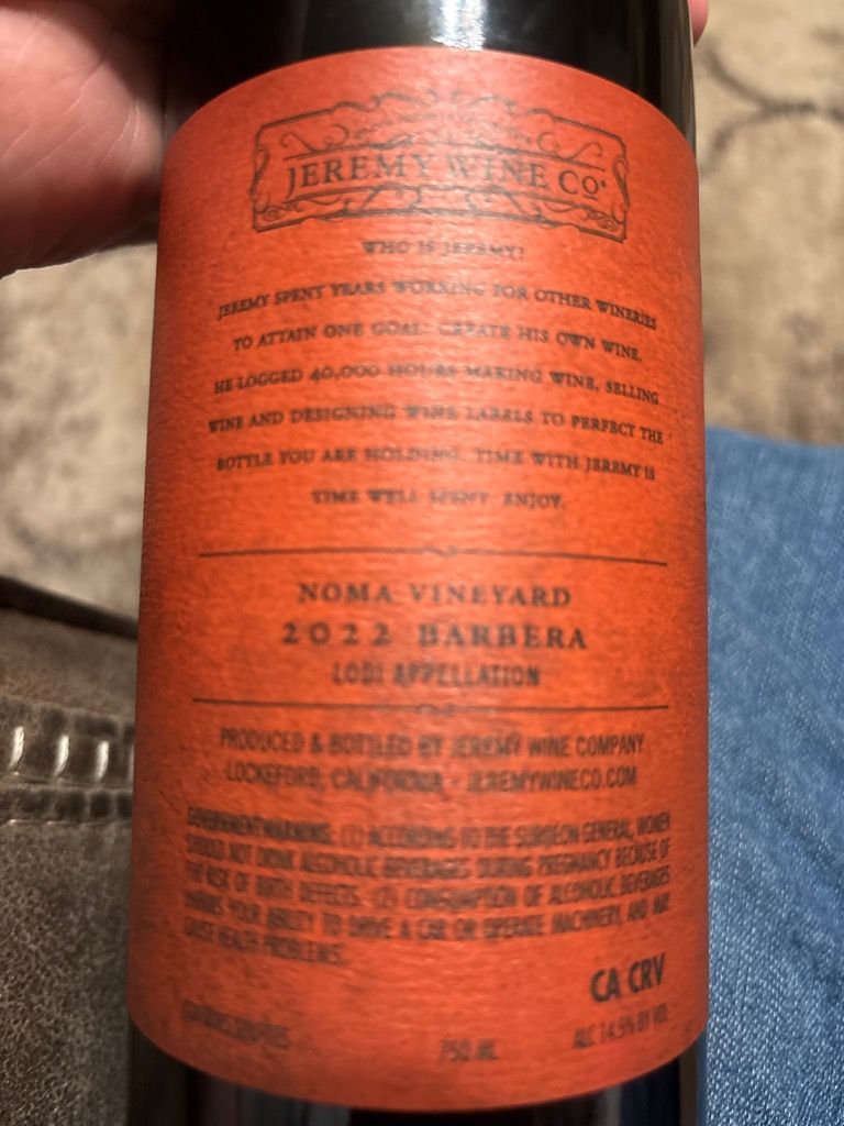 2021 Jeremy Wine Company Barbera, USA, California, Central Valley, Lodi ...