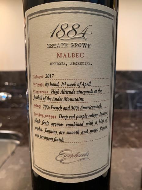 2017 Bodegas Escorihuela Gascón Malbec 1884 Estate Grown, Argentina ...