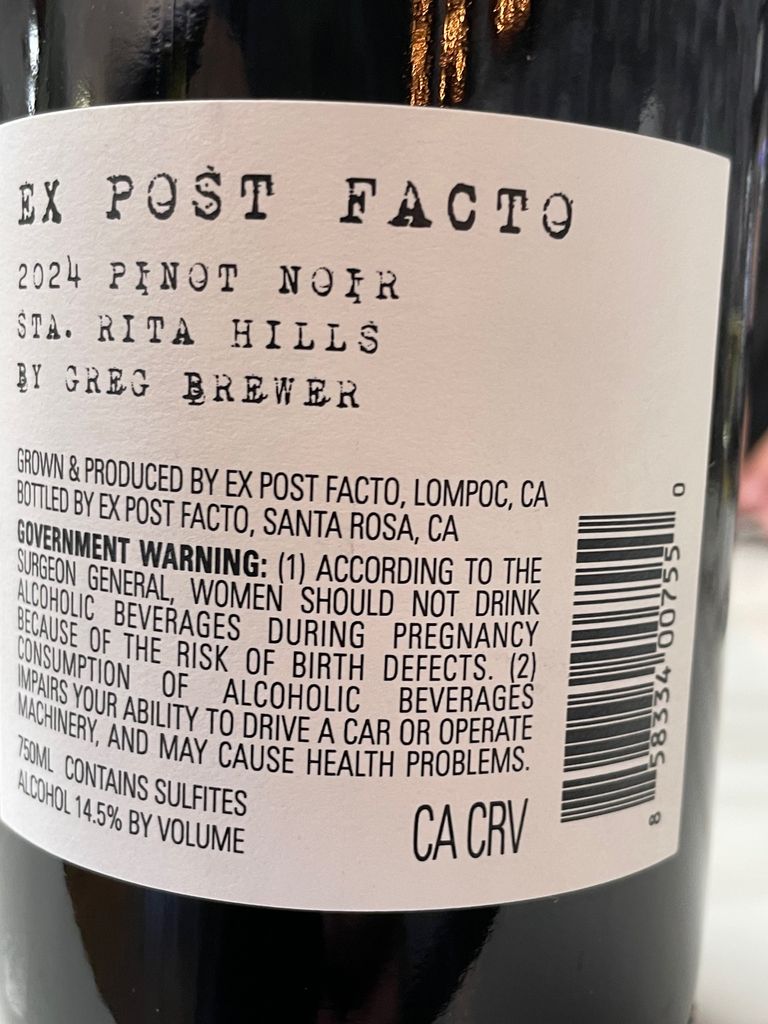2024 Ex Post Facto Pinot Noir, USA, California, Central Coast, Sta ...