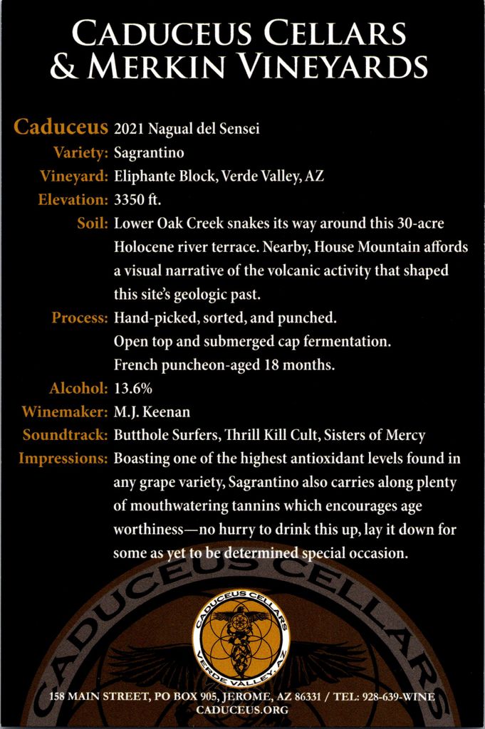 2021 Caduceus Cellars Sagrantino Nagual del Sensei Elephante Block, USA ...