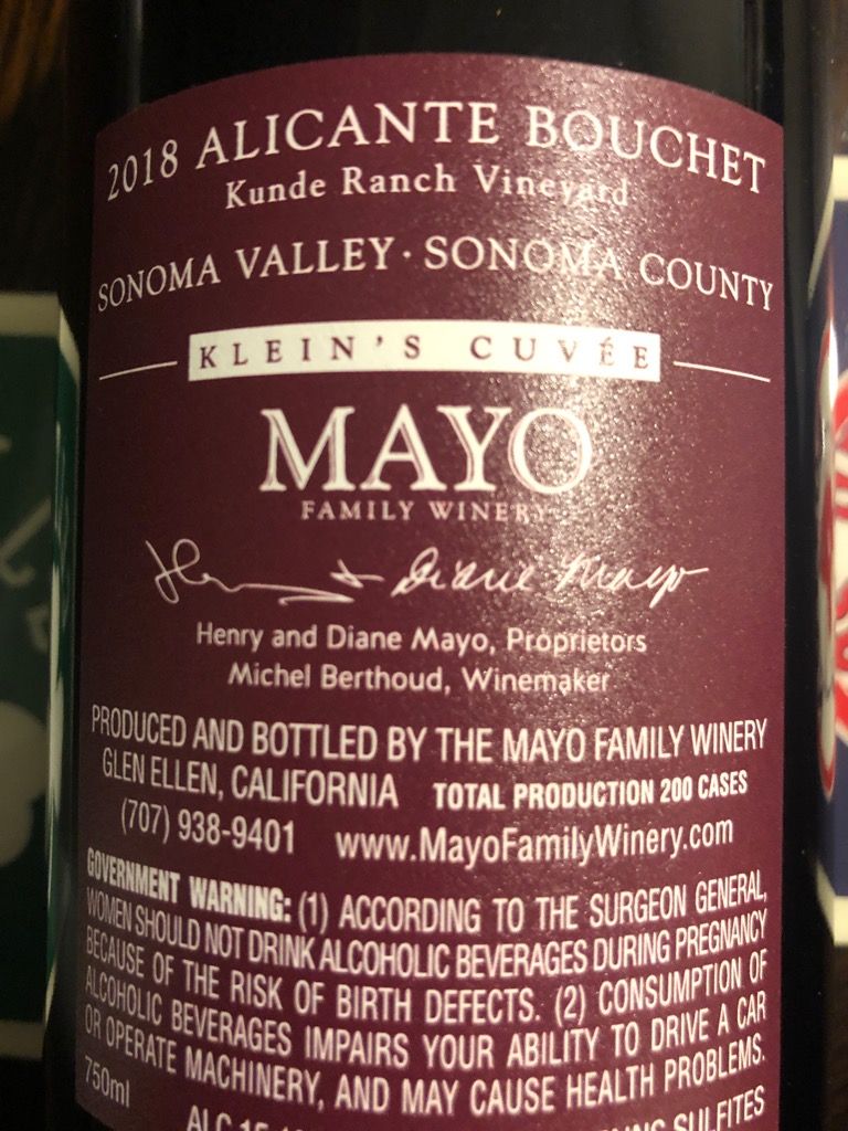2018 Mayo Family Winery Alicante Bouchet Klein's Cuvée Kunde Ranch ...
