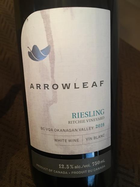 2016 Arrowleaf Cellars Riesling Ritchie Vineyard, Canada, British ...