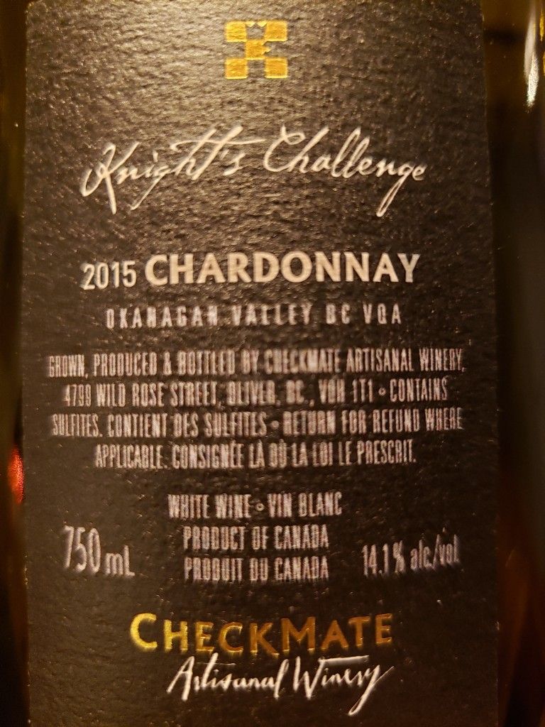 2019 Checkmate Artisanal Winery Chardonnay Knight's Challenge Dekleva ...