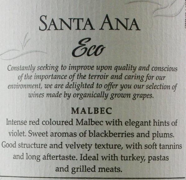 2012 Bodegas Santa Ana Malbec eco, Argentina, Mendoza, Maipú ...