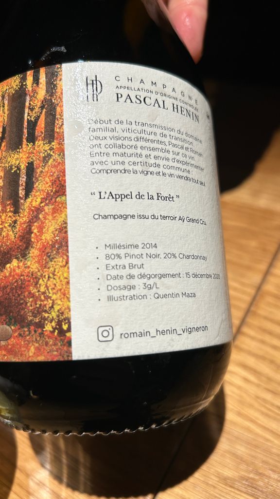 2014 Pascal Henin Champagne Grand Cru L'Appel de la Foret, France ...