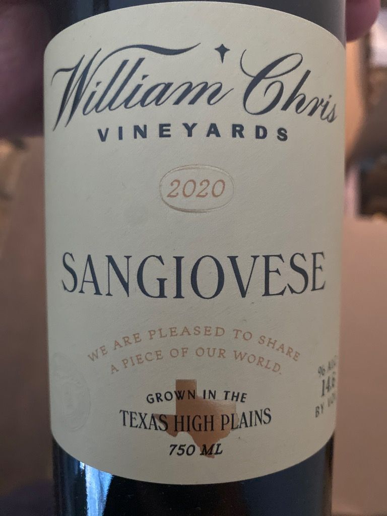 2020 William Chris Vineyards Sangiovese, USA, Texas, Texas Hill Country ...