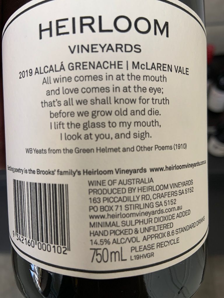 2019 Heirloom Vineyards Grenache Alcala McLaren Vale, Australia, South ...