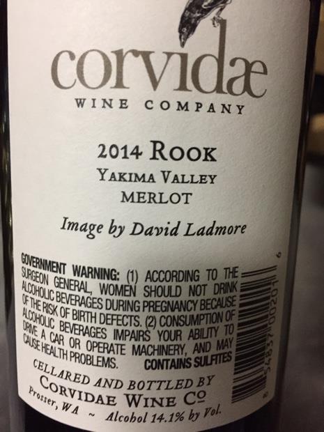 2014 Corvidae Wine Co. Merlot Rook Columbia Valley, USA, Washington ...